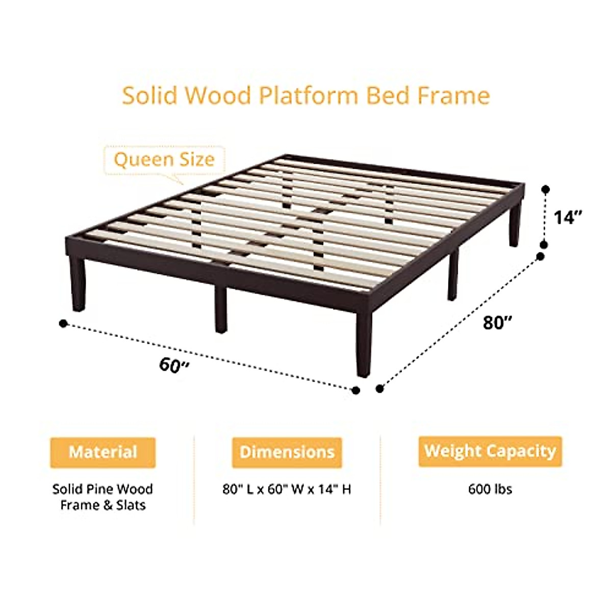 Naomi Home Lucia 14 Inch Solid Wood Platform Bed Queen Bed Frame, Pine Wood Queen Platform Bed Frame, No Squeak Bed Frame, Bed Frame Queen Size, No Box Spring Needed, Sturdy Bed Frame - Espresso