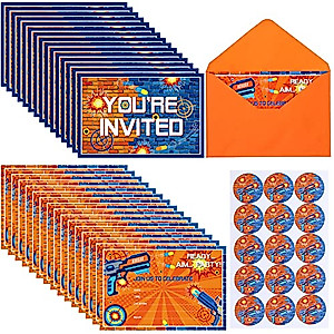 30 Pcs Dart War Party Invitations Happy Birthday Invitation for Boys Dart War Party Favors Boys Birthday Party Cards with Gun Stickers Dart Game Themed Birthday Party Supplies 6 x 4 Inches