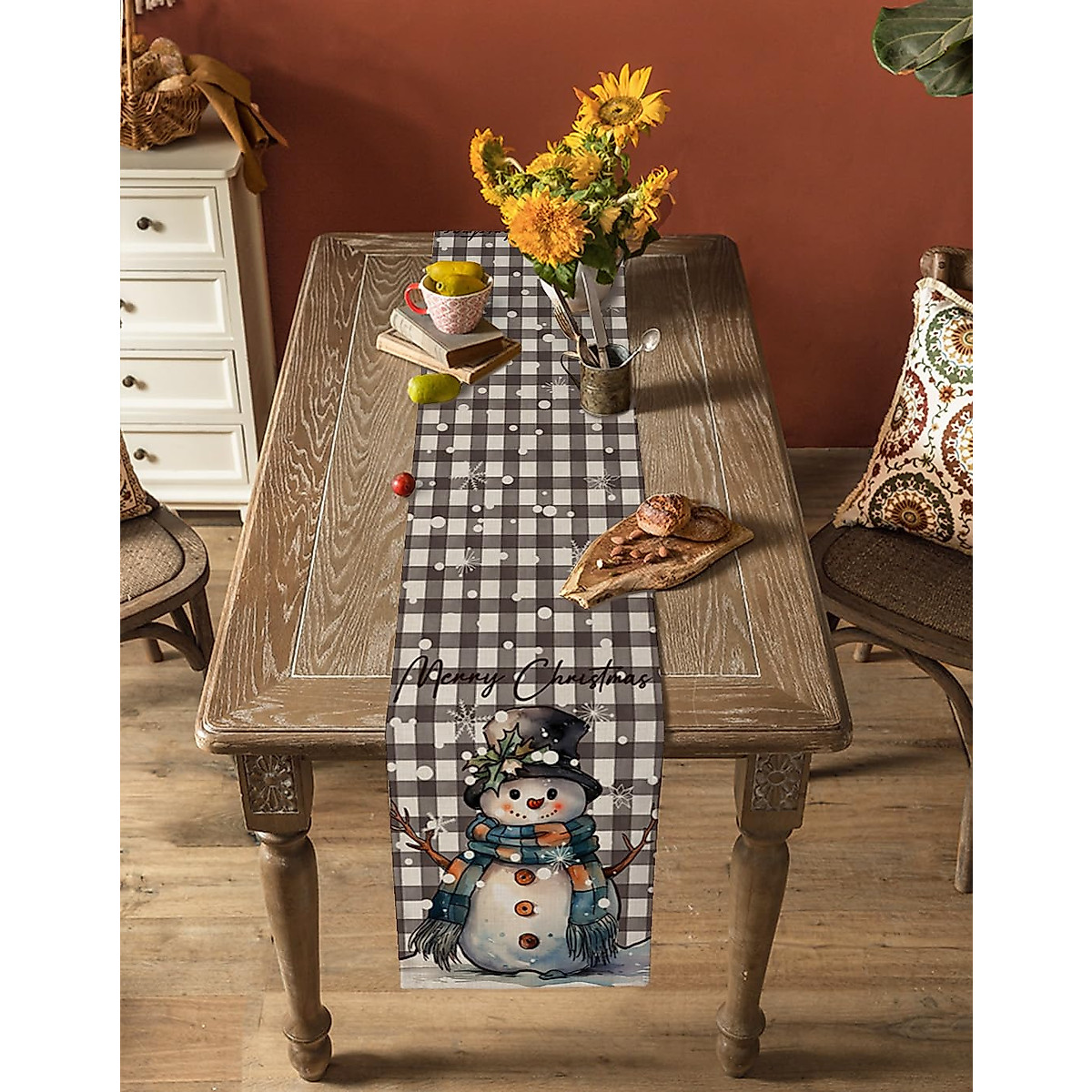Christmas Snowman Table Runner 36 Inches Long Farmhouse Dress Scarves, Black and White Checkered Winter Snowflake Dining Tablerunner for Coffee Table/Kitchen Island/Party Décor, Small 13" x 36"