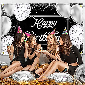 Happy Birthday Backdrop Banner Black and Silver Photography Background Happy Birthday Banner Large Birthday Party Sign Poster Photography Backdrop Party Decoration Supplies for Men and Women