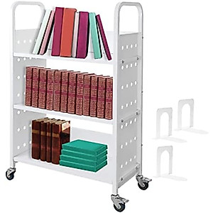 Book Cart, 200 LBS Library Cart, Rolling Book Cart, Single Sided L-Shaped/V-Shaped Sloped Shelves with Lockable Wheels for Home Shelves Office School Book Truck