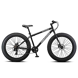Mongoose Malus Mens and Womens Fat Tire Mountain Bike, 26-Inch Bicycle Wheels, 4-Inch Wide Knobby Tires, Steel Frame, 7-Speed Drivetrain Bicycle, Shimano Rear Derailleur, Disc Brakes, Matte Black