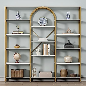 Gyfimoie Triple Wide Gold Bookshelf, 70.87" W x 71.34" H Large Modern Etagere Bookcase, Tall Display Shelf with 13-Tier Open Shelves, Freestanding Staggered Storage Shelf for Home Office (White/Gold)