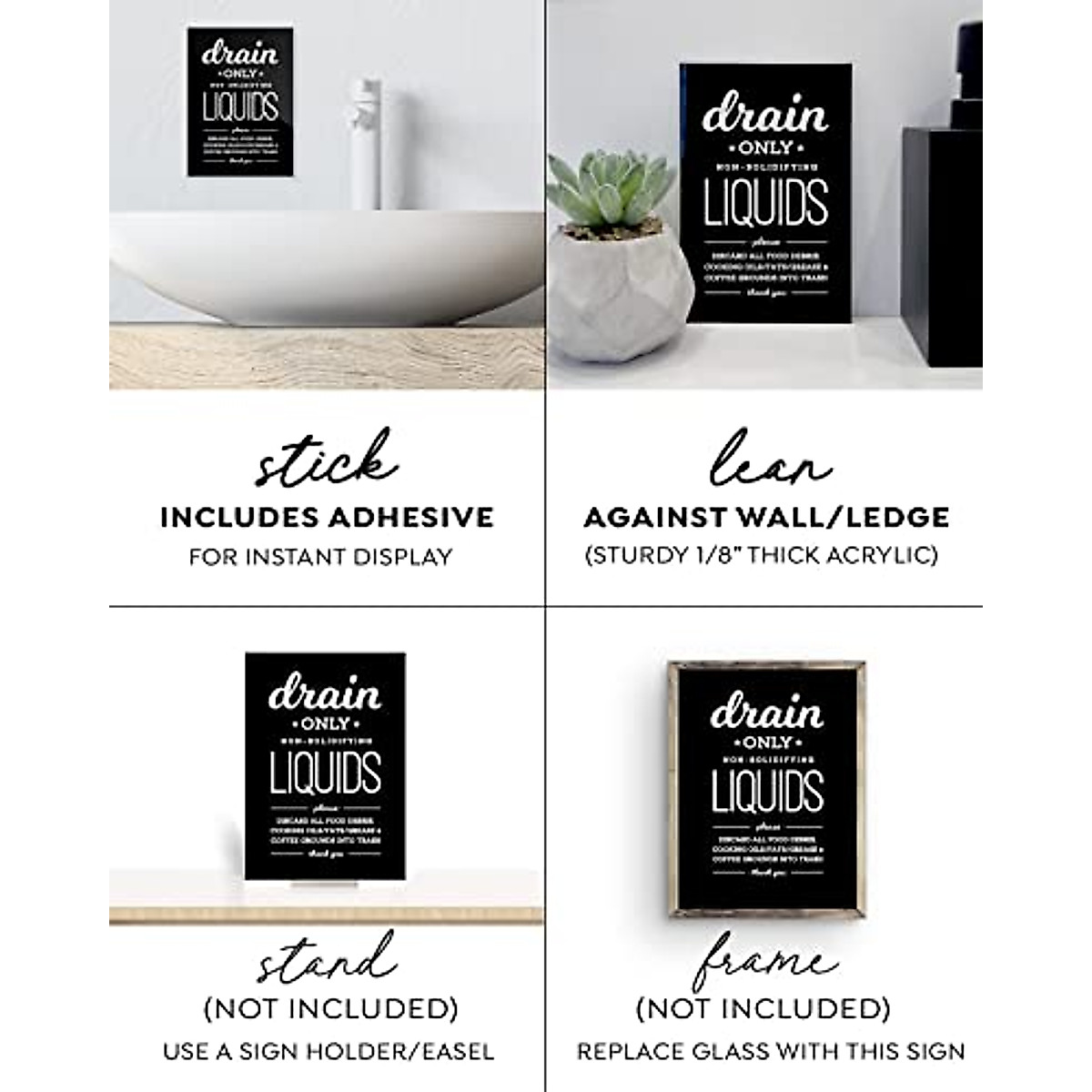 4x6 Inch Drain Only Non-Solidifying Liquids Designer Sign ~ Ready to Stick, Lean or Frame …