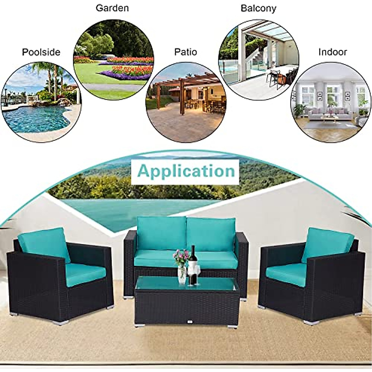 Zurssar 4 Piece Outdoor Patio Furniture Sets PE Rattan Wicker Sectional Sofa Couch Patio Conversation Set with Glass Coffee Table for Backyard Garden Poolside