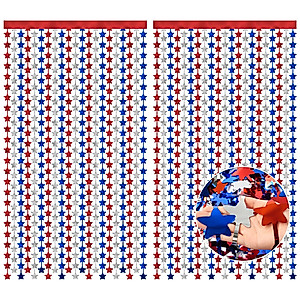 HOOSUN Patriotic Decorations Backdrop,2 Pack Red White and Blue Party Photo Backdrop Patriotic Tinsel Foil Fringe Curtains,Red White and Blue Streamers Tinsel Backdrop Decor for Home,Front Door