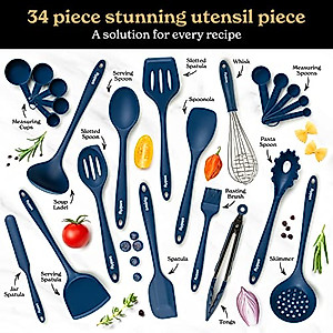 Silicone Kitchen Utensils Set & Holder: Cooking Utensils Set - Kitchen Essentials for New Home & 1st Apartment- Silicone Spatula Set, Cooking Spoons for Nonstick Cookware (Silicone, Blue)