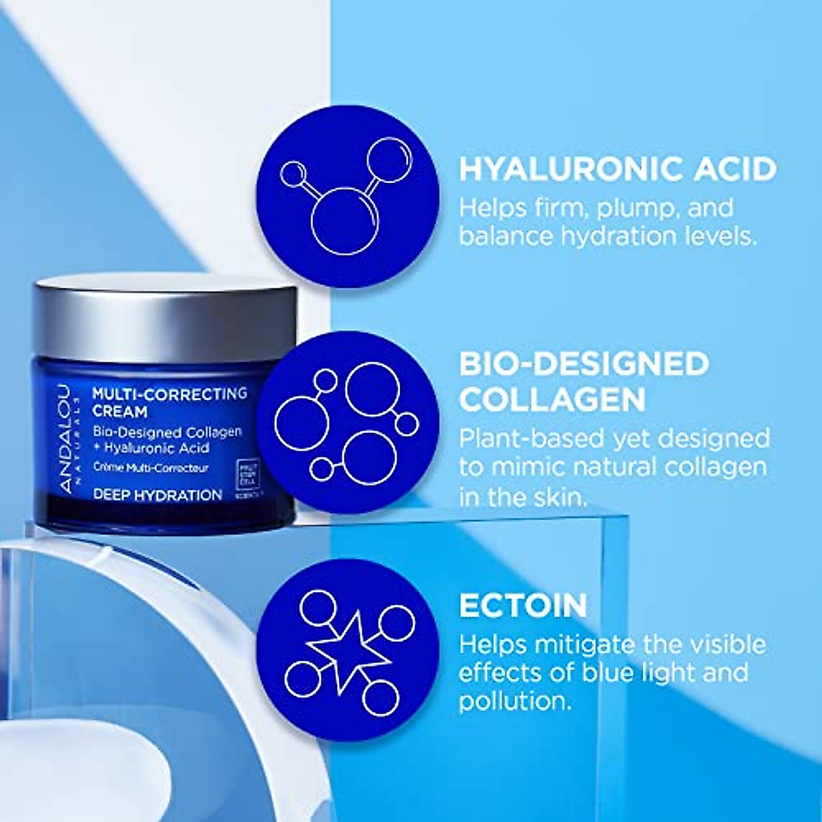 Andalou Naturals Deep Hydration Face Moisturizer, Multi-Correcting Cream, Day & Night Moisturizer for Face with Hyaluronic Acid & Vegan Collagen for Softer & More Supple Skin, 1.7 fl oz