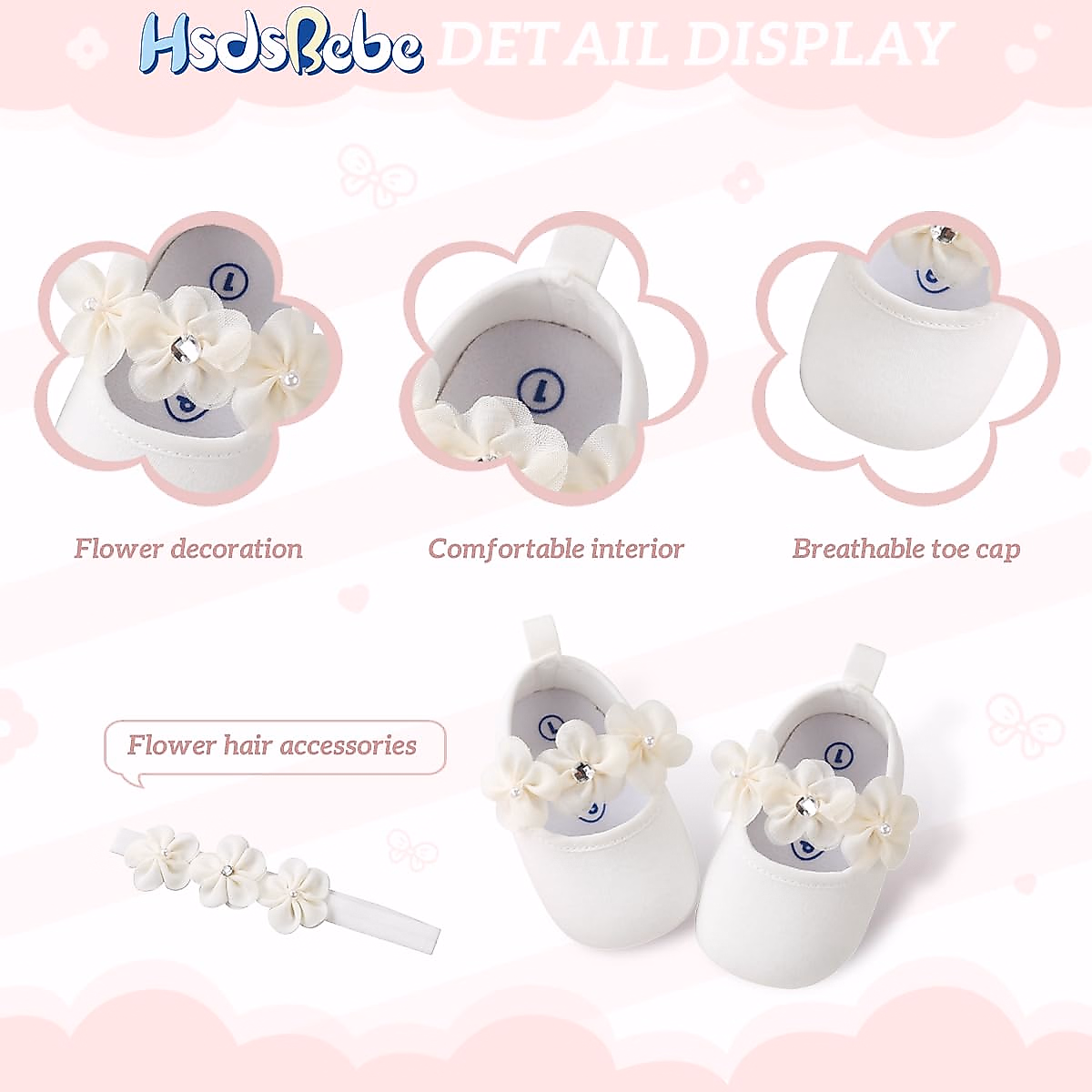 HsdsBebe 2pcs/Set Newborn Baby Girl Princess Mary Jane Shoes Toddler Infant Wedding Dress Flat Shoes with Free Headband