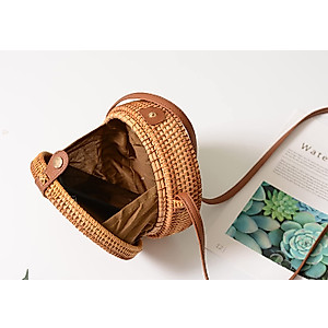 SHAREYOIU Handwoven Round Rattan Bag Shoulders Natural Chic Hand Tropical Beach Style Woven with Leather Strap (Pure, 7 x 3.2 inches)