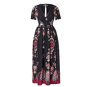 Maxi Dresses for Women Wedding Guest Plus Size Cruise Wear for Women 2023 Sexy Going Out Dress Floral Print Boho High Low Short Sleeve Wrap V-Neck A-Line Split Long Sexy Beach Party Dress