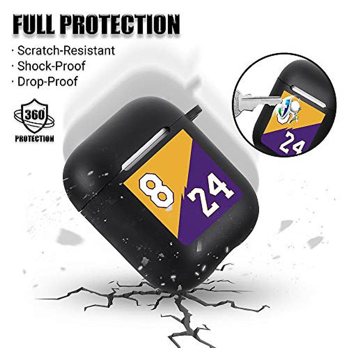 Jusy 8&24 Basketball Jersey Case for Airpod 1&2 Case with Keychain Clip Accessories, Silicone Skin Protective Cover for Airpods Charging Case MB Spirit Inheritance for Fans