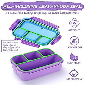 QQKO Bento Lunch Box for Kids Girls Boys, Toddler Kids Lunch Boxes for School, Lunch Containers for Adults Kids with 4 Compartments, Sauce Container, Utensils, Food Picks and Muffin Cups, Purple
