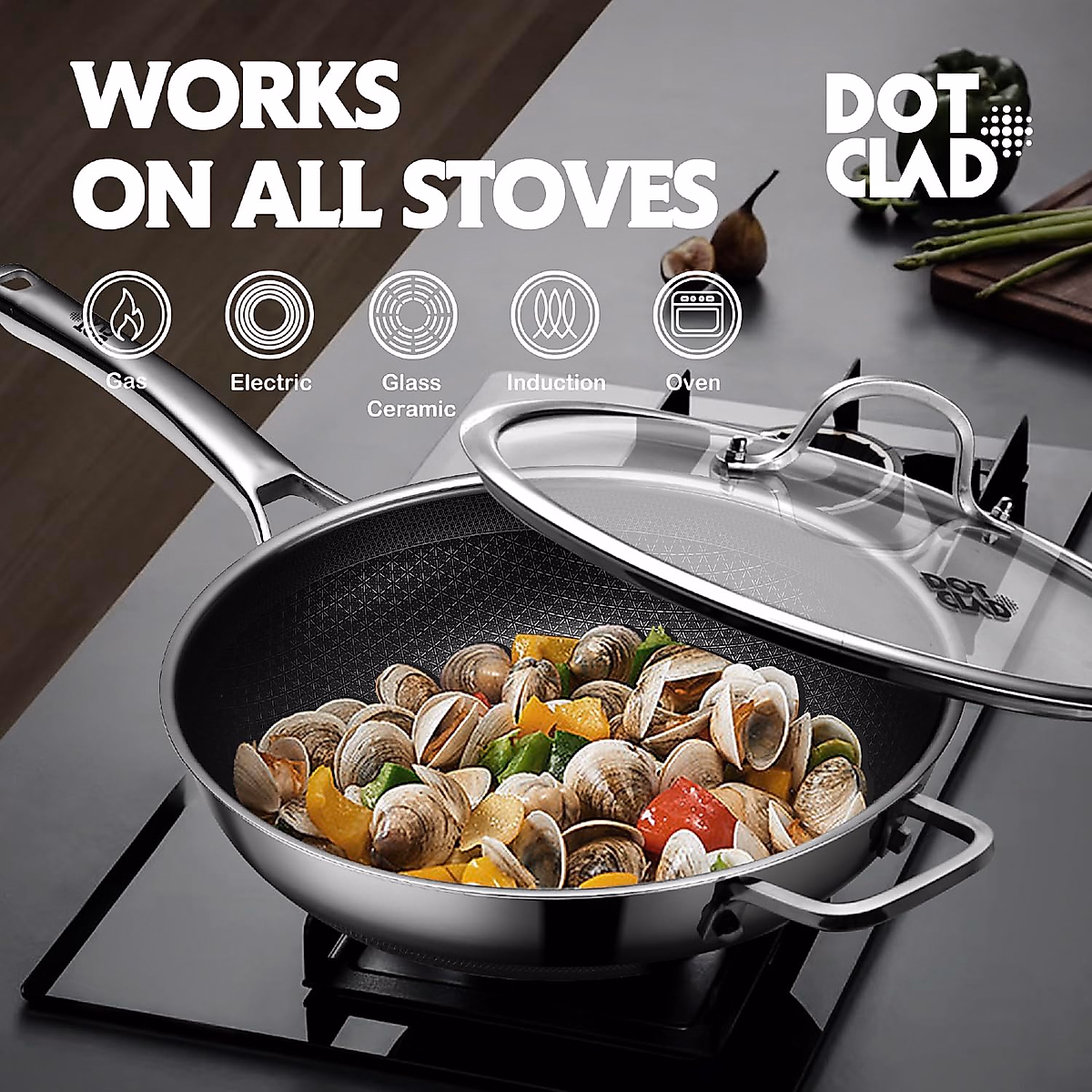 DOTCLAD Wok pan,Hybrid 12 inch Wok with Lid, PFOA Free Cookware,non stick Stainless Steel Woks & Stir-fry pans Nonstick, Dishwasher and Oven Safe, Works on Induction