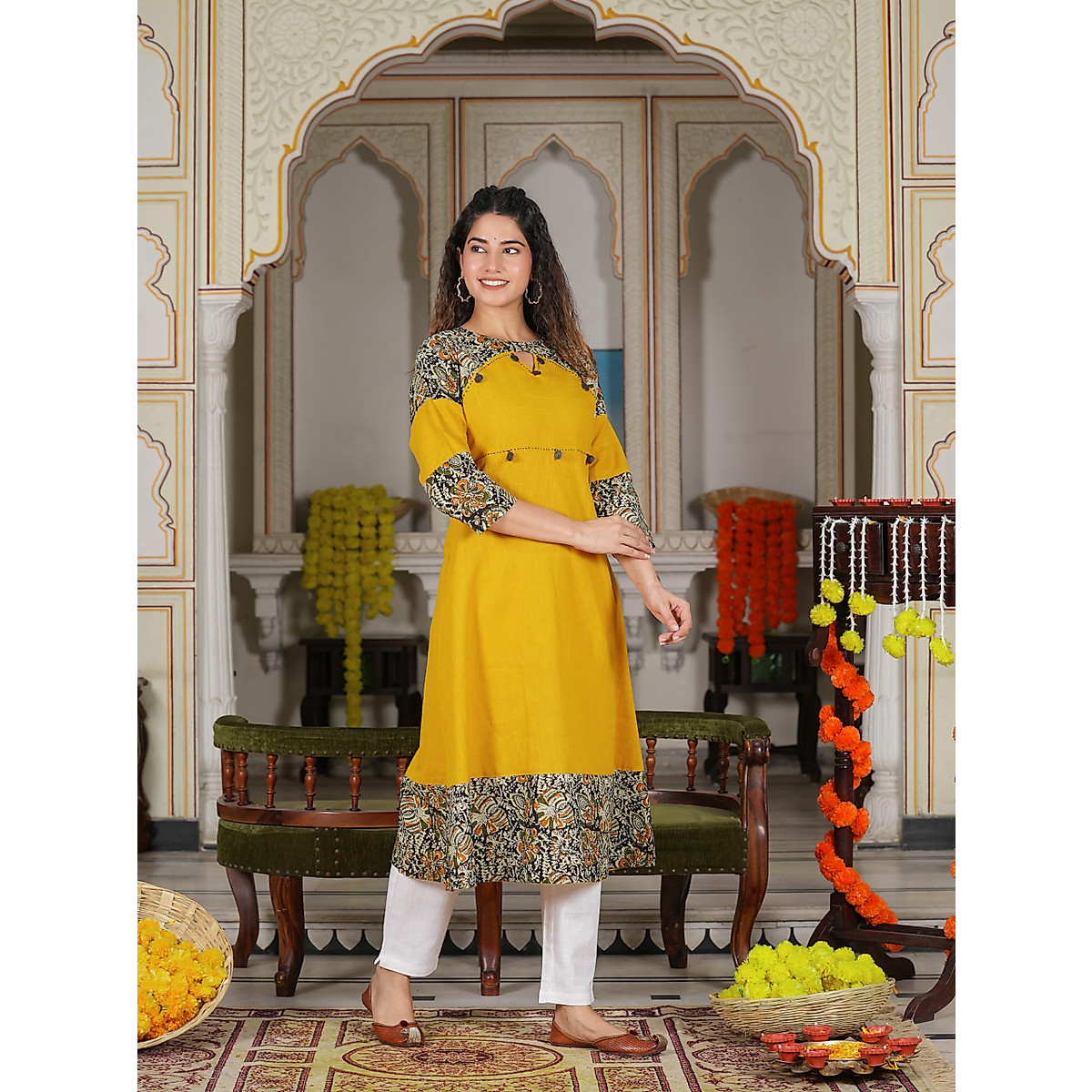 Yash Gallery Women's Cotton Blend Kalamkari Print A-Line Kurtis (Mustard Yellow)