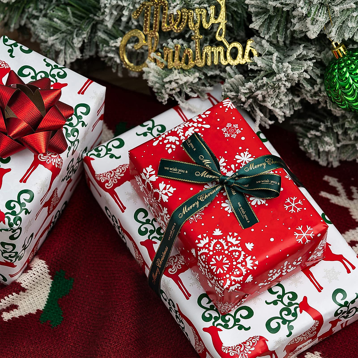 MAYPLUSS Christmas Reversible Wrapping Paper - Mini Roll - 17 Inch X 32.8 Feet- Red Green Reindeer Design (47.3 sq.ft.ttl)