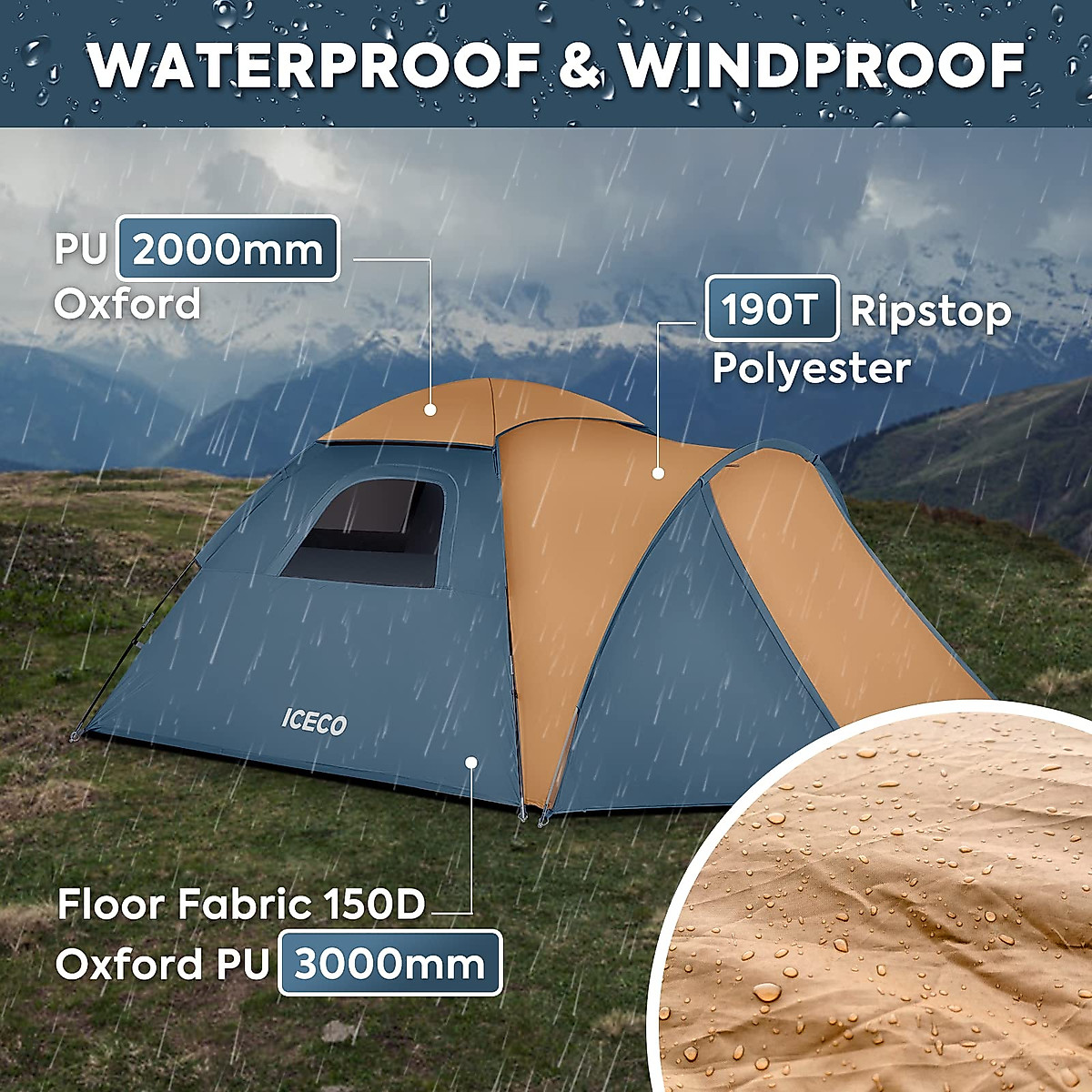ICECO Camping Tents 4 People,4 Person Tents for Camping Waterproof Windproof Dome Tent,4 Season Tent with Screen Room,Easy Setup,with Removable Rain Fly