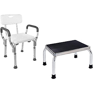 Vaunn Medical Shower Chair with Arms and Back and Foot Step Stool Bundle