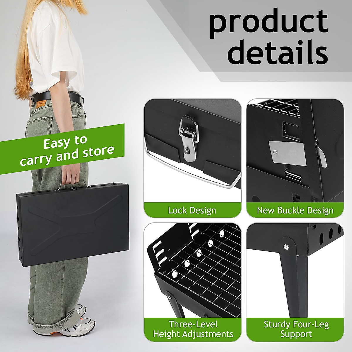 Outvita Portable Charcoal Grill, Outdoor Foldable BBQ Grill with Barbecue Accessories & Lid for Cooking Camping Picnic Hiking Beach Party Patio Smokers, Height Adjustable for 3 to 5 People