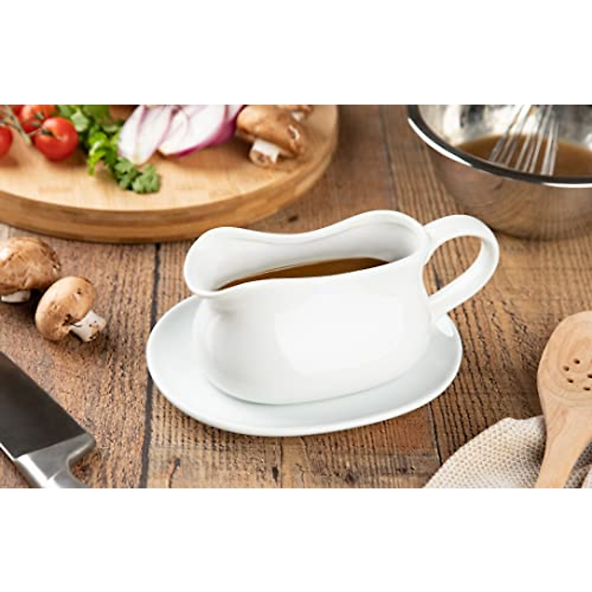 Kook Gravy Boat & Saucer, Ceramic Serving Dish, Dispenser with Tray for Sauces, Dressings and Creamer, Large Handle, Microwave and Dishwasher Safe, 17 oz, White