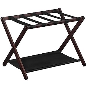 HOOBRO Luggage Rack, Folding Bamboo Suitcase Stand with Storage Shelf and Nylon Straps, 26.8" L x 17.7" W x 20" H, for Guest Room, Hotel, Bedroom, Holds up to 110 lb, Brown and Black BR07XL01