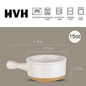 HVH French Onion Soup Bowls With Handles Microwave Safe, Ceramic Soup Bowl Set of 4, 15 Oz Soup Crocks for Oatmeal, Stew, Chili, Dessert, Farmhouse Style (White)