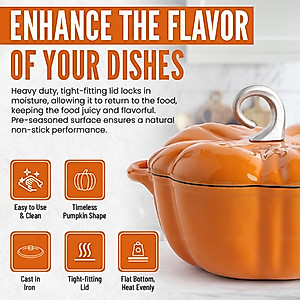 SOBEIT Pumpkin Dutch Oven Pot with Lid l Enamel Cast Iron Pumpkin Dutch Oven l 3.5 QT Pumpkin Pot l Interior Enamel Coating l Cast Iron Horn Knob l Fit For All Most Stove l Oven Safe to 500° F (Orange)