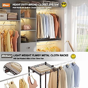 Armocity 96 Inches Closet System, 8FT Walk In Closet Organizer with 3 Shelving Towers, Heavy Duty Clothes Rack with 3 Drawers, Built-In Garment Rack, 96" L x 16" W x 75" H, Max Load 1000 LBS, Grey