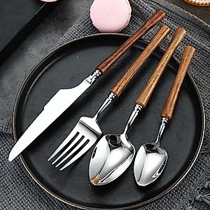 Aimilan 20 Piece Silverware Set for 4, 18/10 Stainless Steel Rosewood Wooden Handle Flatware Cutlery Set for Home Kitchen Restaurant, Mirror Finish, Dishwasher Safe (20-Piece for 4)