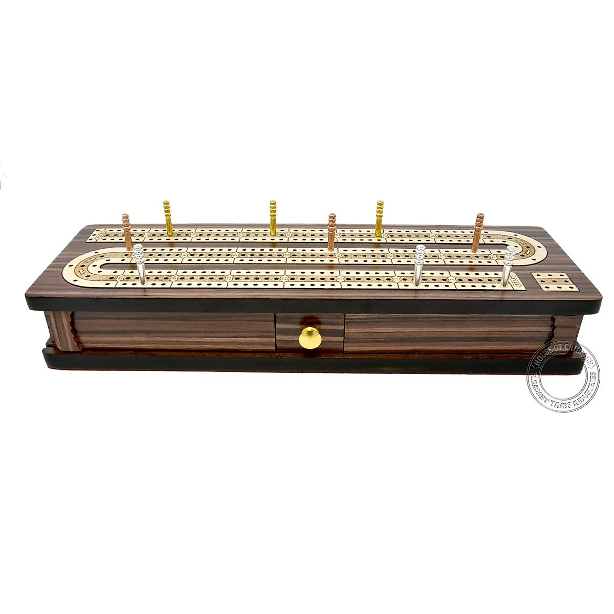 House of Cribbage - Continuous Cribbage Board/Box Inlaid in Rosewood/Maple 12" - 3 Tracks - Sliding Lid Drawer