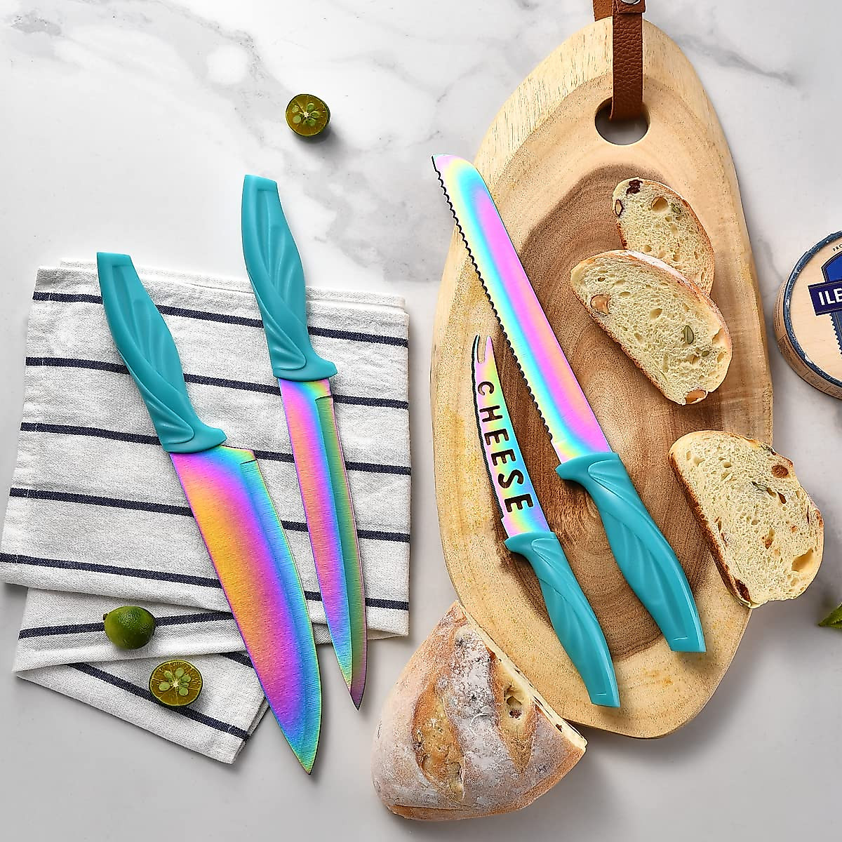 Rainbow Titanium Knife Set 17 PCS Kitchen Knives Set Sharp Cutlery Knife Sets Contain 6 Steak Knives Sharpener Clear Acrylic Stand Nonstick Chef Knife Block Set (Turquoise)