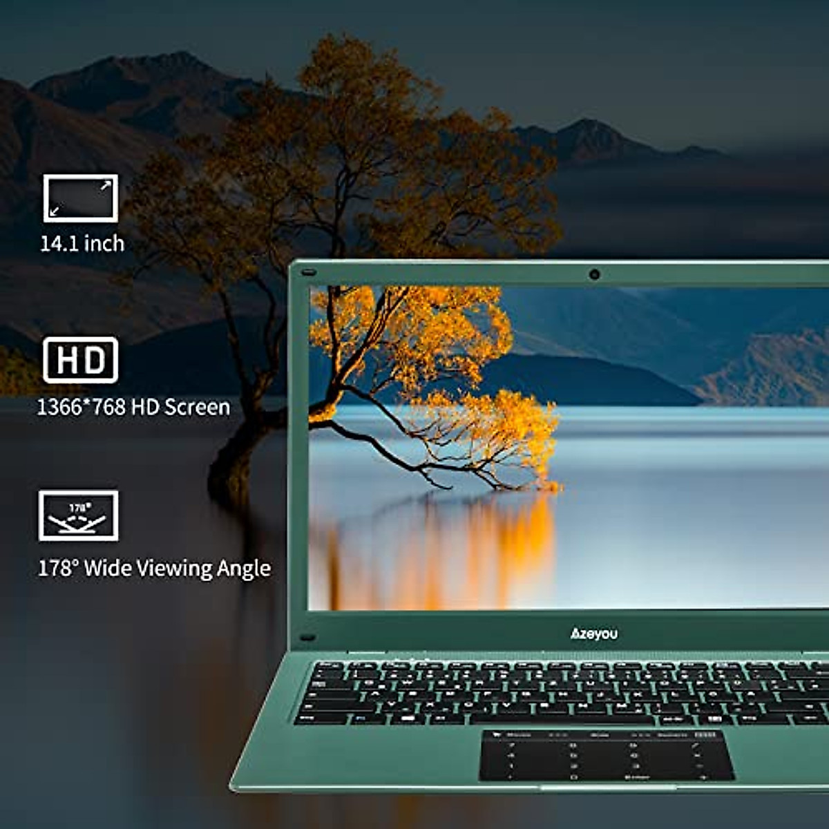 Azeyou Newest 14.1" Thin Light Business Student Laptop Computer, up to 2.8GHz Celeron N4020 Processor, 4GB DDR4 RAM, 64GB Storage, 2MP Webcam, WiFi, Bluetooth, Windows 11 Laptop Green