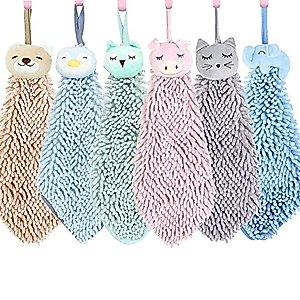 6 Pack Cute Chenille Soft Hanging Hand Towels, Funny Cat, Pig, Owl, Penguin, Elephent, Bear Washcloths, Absorbent Thick Kitchen＆Bathroom Microfiber Towel Bulk (Grey+Pink+Green+Sky Blue+Orange