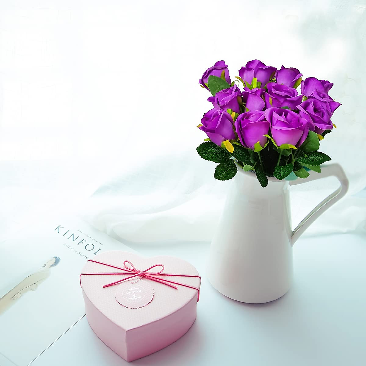 Daggnol Artificial Purple Rose Flowers Silk Rose Realistic Fake Rose with Stem Rose Bouquet for Wedding Bridal Party Home Garden Decor (12PCS Purple)