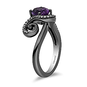 Jewelili Enchanted Disney Fine Jewelry Black Rhodium over Sterling Silver 8x6 MM Oval Shape Amethyst and 1/6 Cttw Natural White Round Diamond Ursula Ring, Size 7