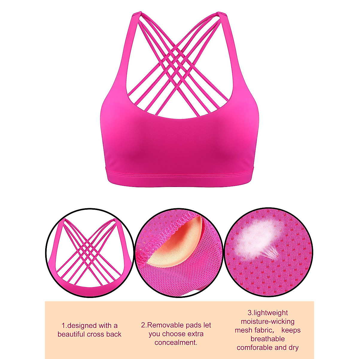 Patelai 2 Pack Womens Sports Bras for Women Cross Back Bra Workout Strappy Bra Seamless Comfortable Yoga Bra (M, Black and Rose Red)