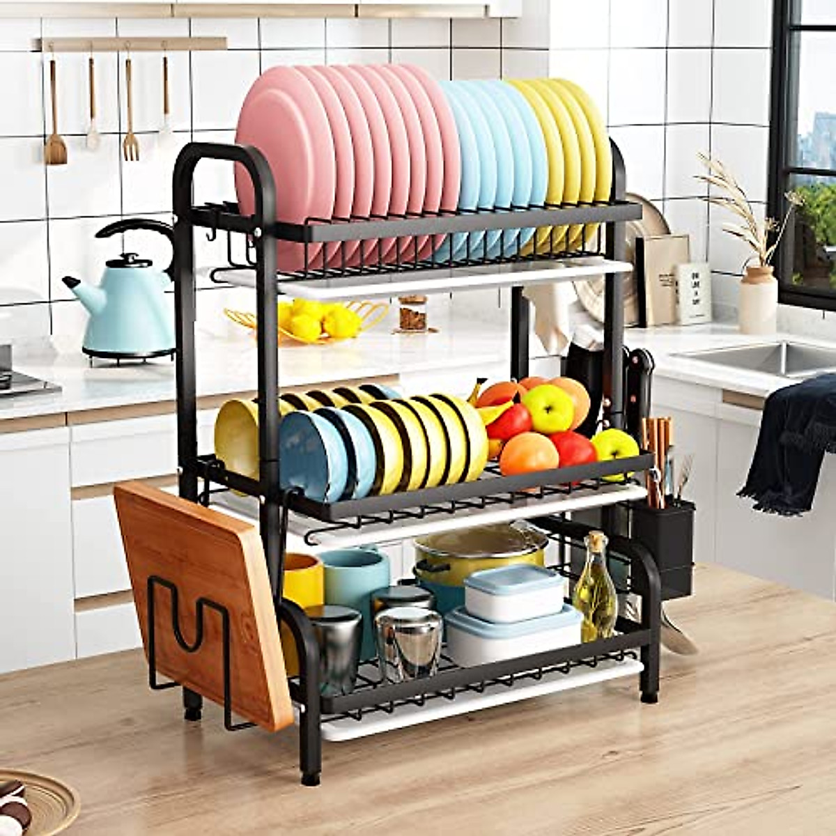 1Easylife Dish Drying Rack, 3 Tier Dish Rack with Tray Utensil Holder, Large Capacity Dish Drainer with Cutting Board Holder Drain Board Tray for Kitchen Counter Organizer Storage (Black)
