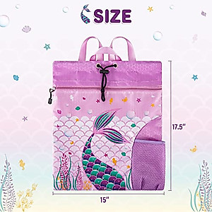 WAWSAM Mermaid Gym Drawstring Backpack String Bag - 15” × 17” Sports Gym Bag for Girls Kids Waterproof Swimming Beach Shopping Yoga Sackpack Birthday Gift with Zippered Pocket and Water Bottle Pocket