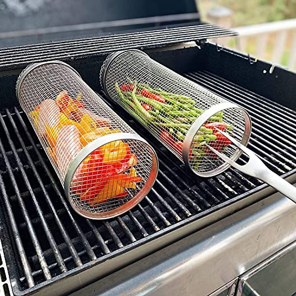 DMFC 2pcs Rolling Grilling Basket Stainless Steel Rolling Grill Baskets for Outdoor Grill Round BBQ Basket Camping Grill Suitable for Vegetable, Fries, Fish (12.2X3.6X3.6in)