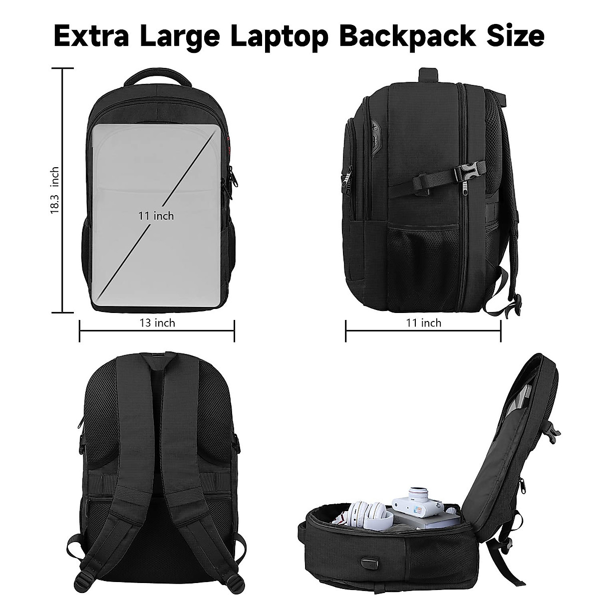 Lapsouno Backpack, Travel Backpack, Laptop Backpack, Durable Extra Large 17.3 Inch Water Resistant TSA Computer Backpack with USB, Anti Theft College School Bag Christmas Gifts for Men Women, Black