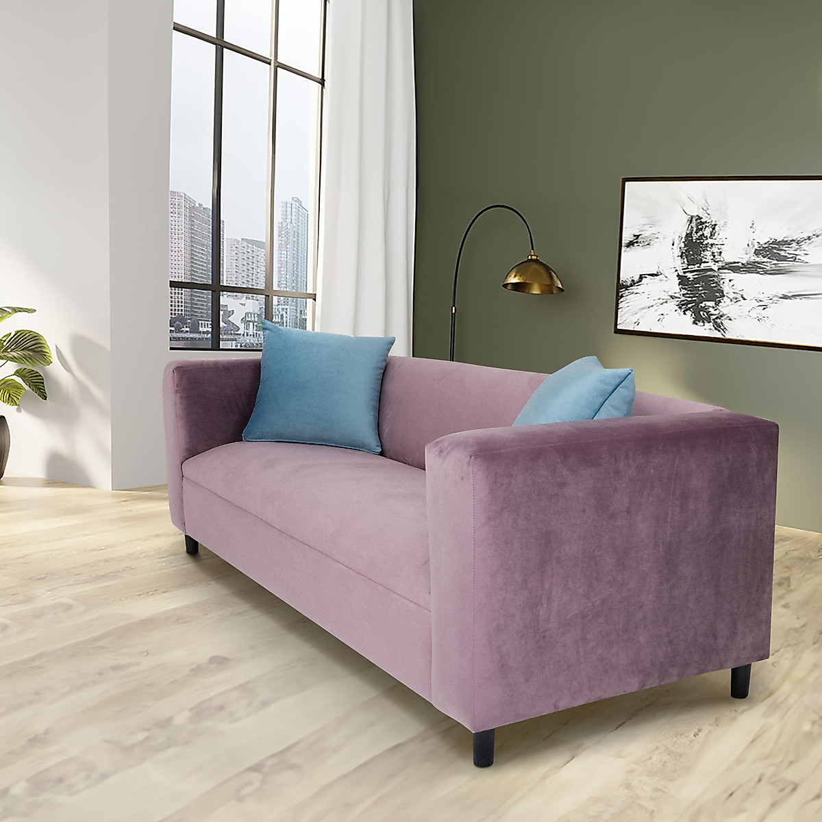 Coast to Coast Sofas Broadway Velvet Sofa for Living Room, Modern 3-Seater Sofas Couches for Bedroom, Office, and Apartment with Solid Wood Frame (Lavender)