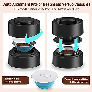Nessus Vertuo Reusable Pods Kit, 50 Pcs [ALSeal EZ FIT] Aluminum Foil Seals for Nespresso Capsules Vertuoline, Holder and Brush, Fits for Refillable Vertuo Pods(Pods Not Included)