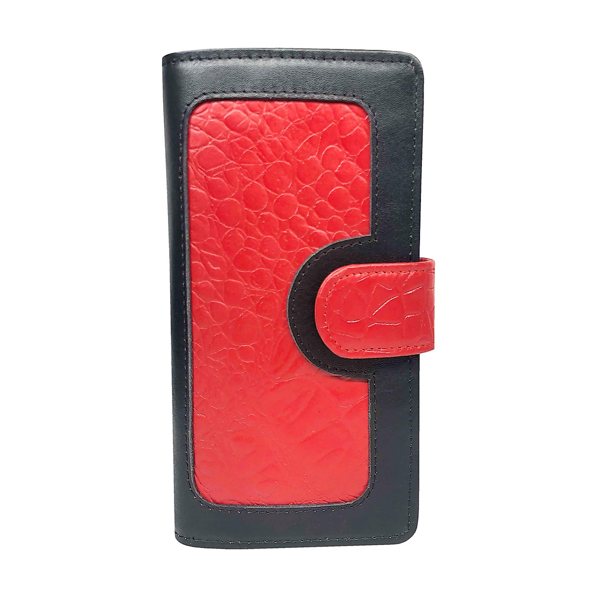 Leather Book LW-1804 Red Crocodile Ladies Wallet|10 card slots|1 card window|4 slide pockets|1 zip pocket | Black Cowhide & Red cowhide Crocodile Print Leather