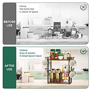 EsLuker.ly 2 Tier Coffee Bar Organizer for Home Office, Multi-functional Countertop Mug Holder Stand Rack, Coffee Station Accessory Storage Shelf with 12 Hooks, Space-Saving Coffee Nook Enhancer