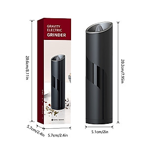 Electric Pepper Salt Grinder Gravity Automatic Spice Grinder Battery Powered Pepper Mill with LED Light Adjustable Coarseness One Hand Operation for Kitchen Resturant Camping BBQ Black