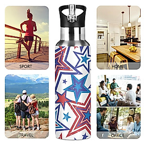 Poeticcity American Blue Red Stars July 4th Seamless on White Stainless Steel Water Bottle, Leak-Proof Vacuum Hot Cold Insulated Mug, Double Walled with Handle Cup Bottle 33.8 Oz