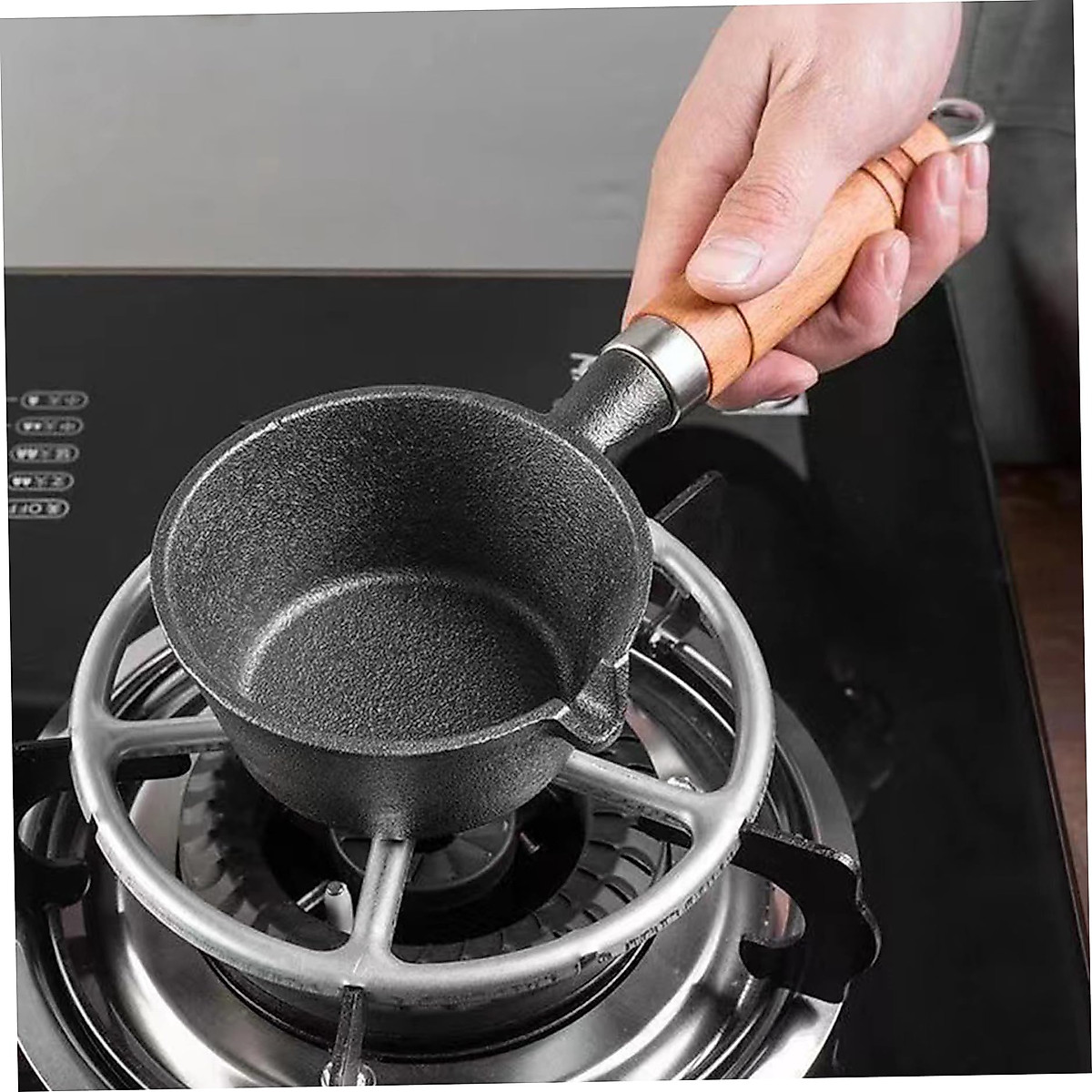 Small Cast Iron Pot Butter Melting Pot, Non-stick Cast Iron Sauce Pot with Wood Handle, Small Cast Iron Melting Pot, Hanging Butter Warmer for Milk Type 1