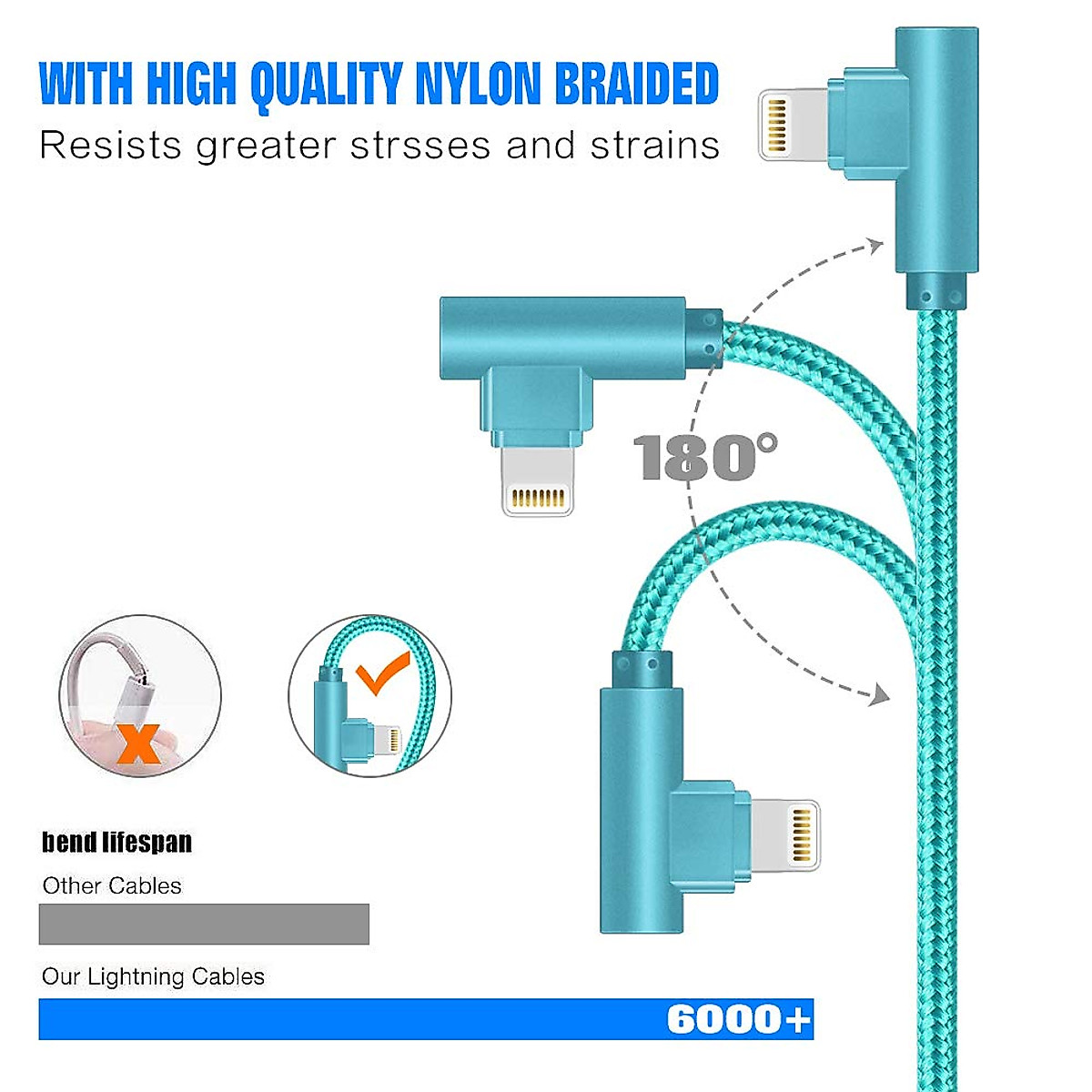 Jeercor Lightning Cable 10FT MFi Certified iPhone Charger 90 Degree Nylon Braided Fast Charging Long for iPhone 12/12pro/11/11pro/XS/MAX/XR/X/8P/8/7P/7/6（3-Pack）