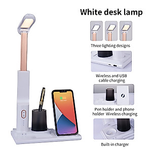 FSJITF LED Desk Lamps USB Charging Port,Table Lamps for Home Office,for iPhone/Android Study Reading Table Lights for Dormitory(Adapter not Included) (White)