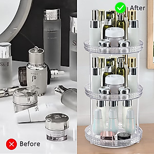 KSDSOAM 3 Tier 360 Rotating Makeup Organizer and Storage,Skincare Organizers Cosmetic Display Case Perfume Holder Rotating Tray Storage Carousel for Vanity Bathroom Organizer Countertop（Clear）
